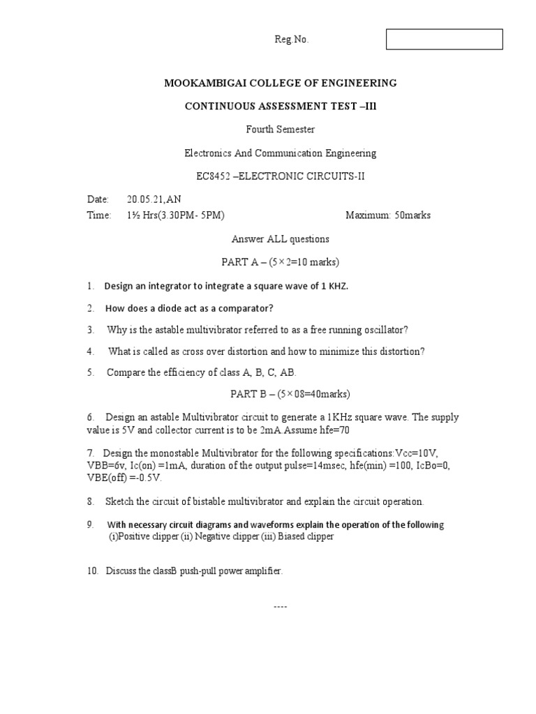 Mookambigai College of Engineering Continuous Assessment Test - Iil | PDF