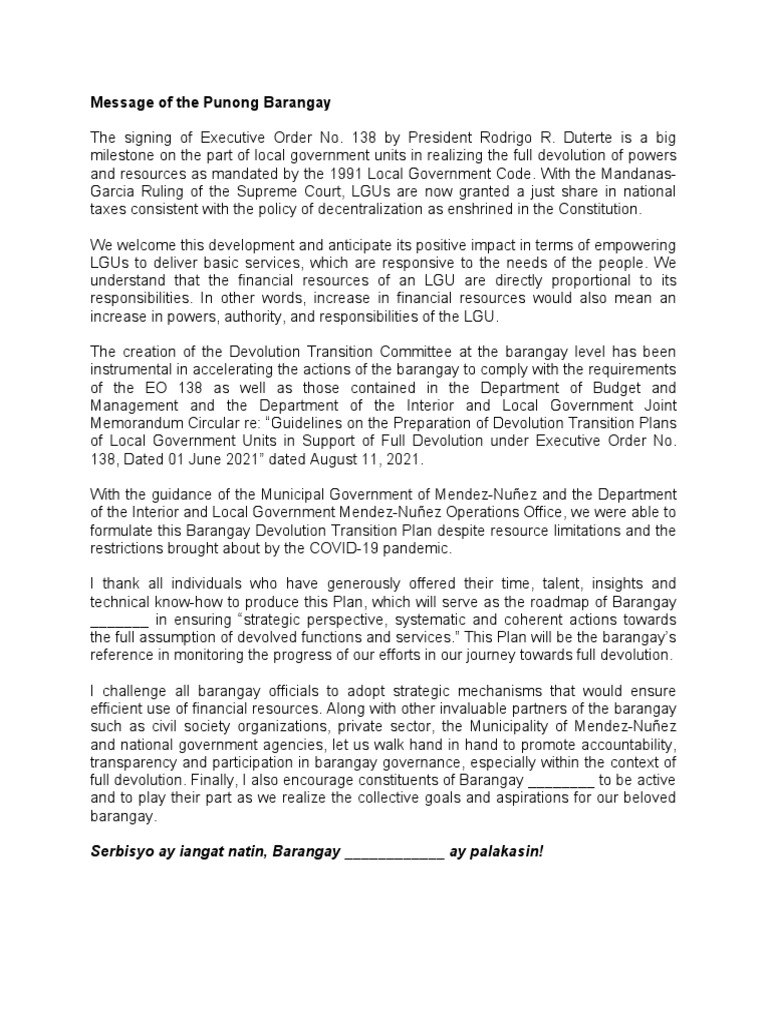 Message of The Punong Barangay: Serbisyo Ay Iangat Natin, Barangay - Ay ...