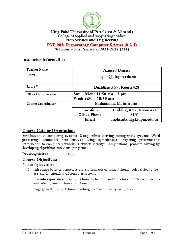 PYP-002: Preparatory Computer Science (0-2-1) : King Fahd University of Petroleum & Minerals ...