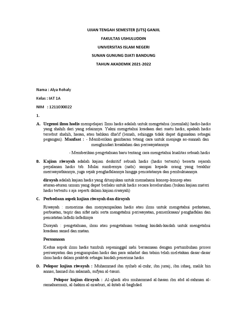 Uts Ulumul Hadis (Alya Rohaly) | PDF