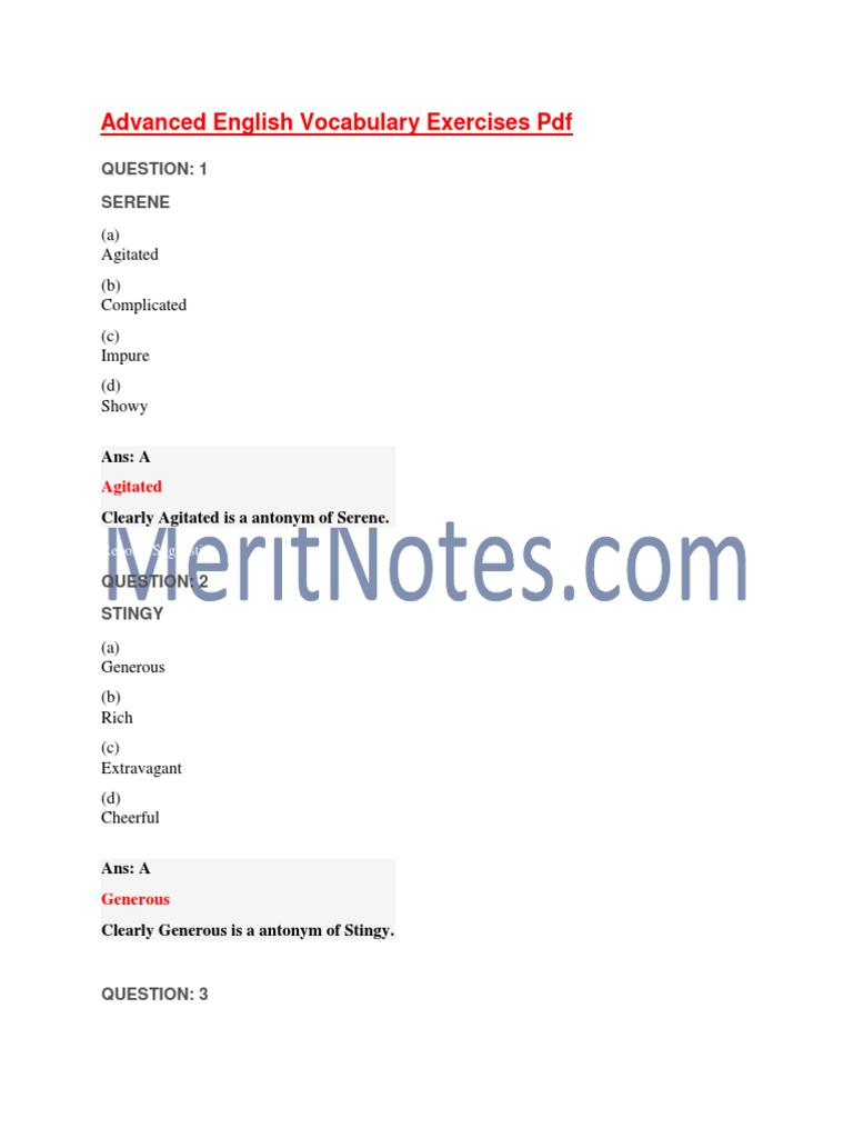 Advanced English Vocabulary Exercises PDF: Serene | PDF