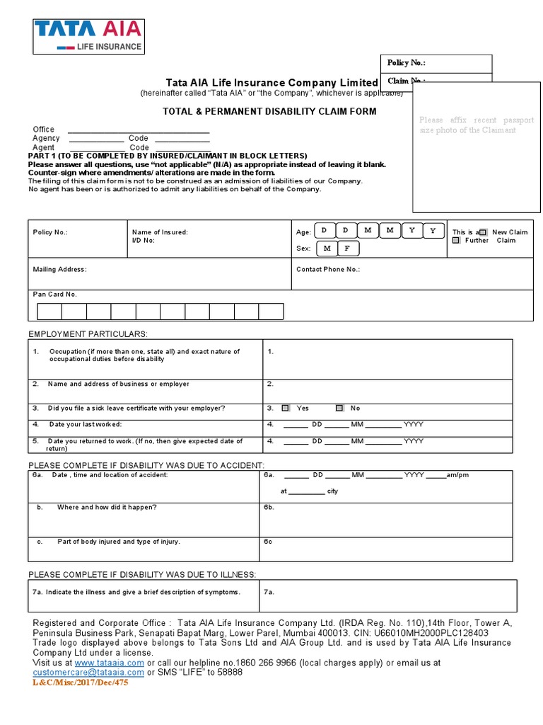 Tata AIA Life Insurance Company Limited: Total & Permanent Disability ...