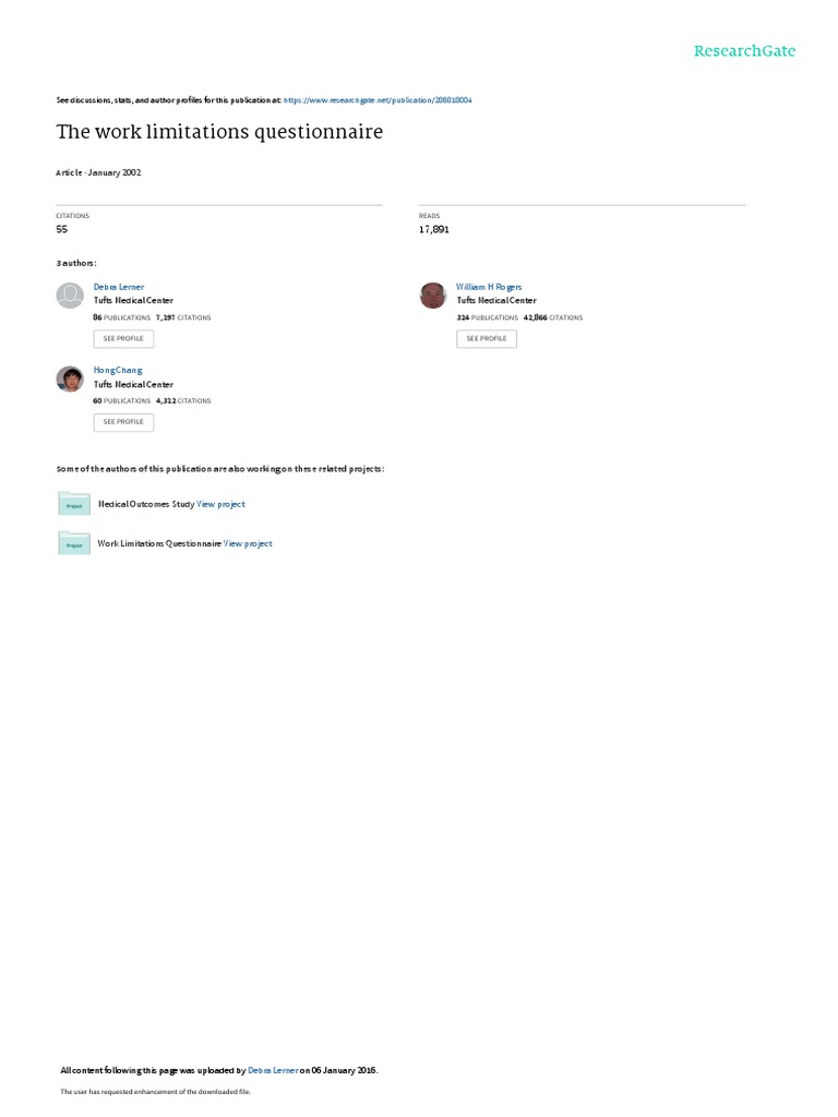 The Work Limitations Questionnaire: January 2002 | PDF | Survey ...