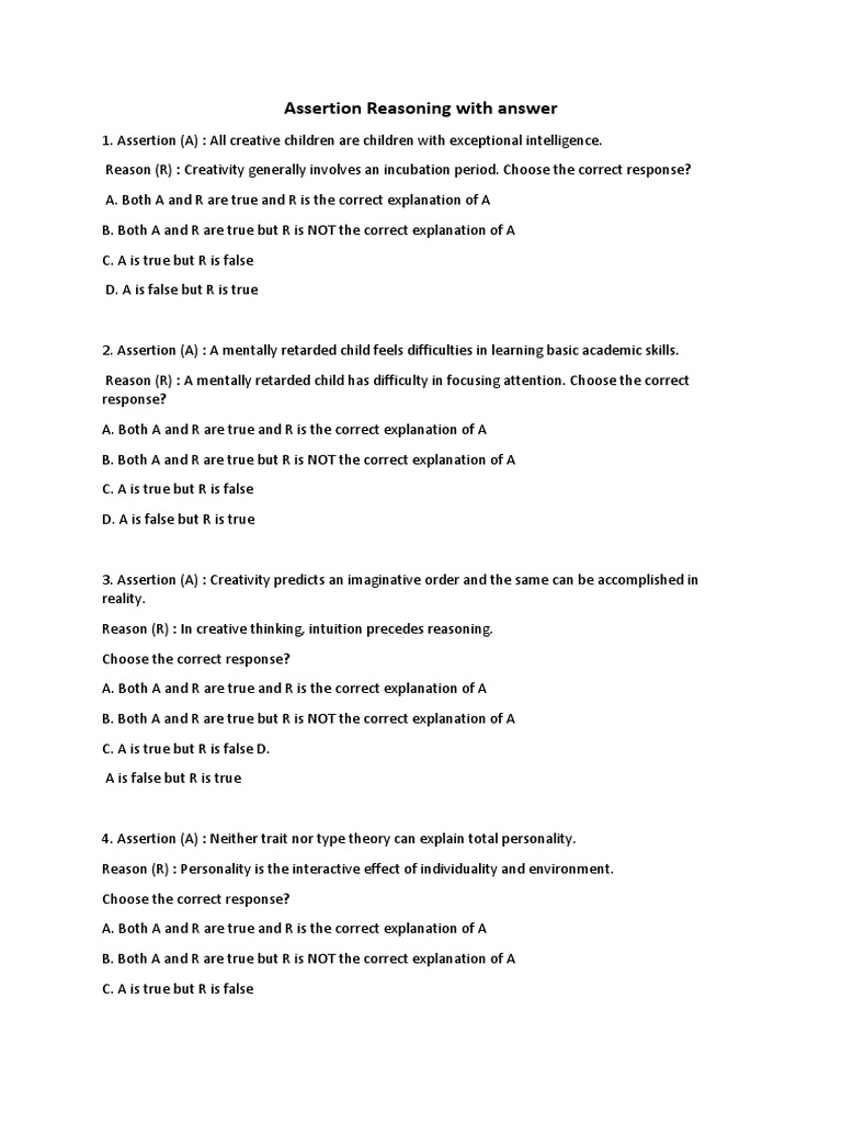 More Than 100 Assertion Reasoning With Ans Class XII | PDF | Reason | Intelligence