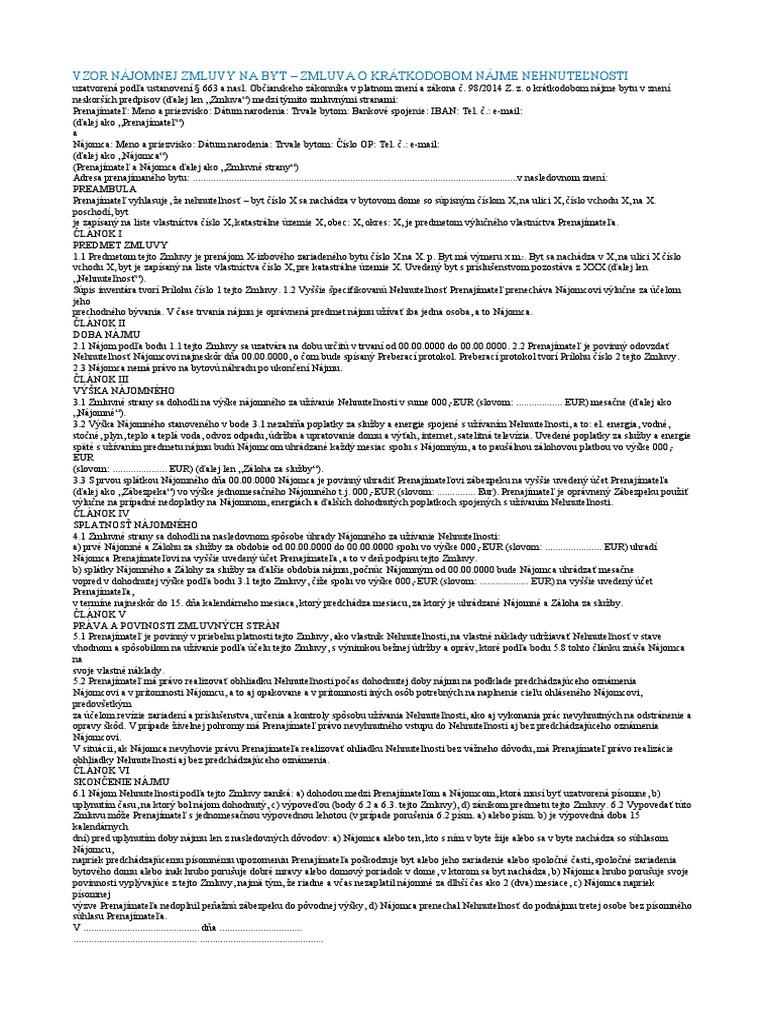 Vzor Nájomnej Zmluvy Na Byt - Zmluva (3017) | PDF