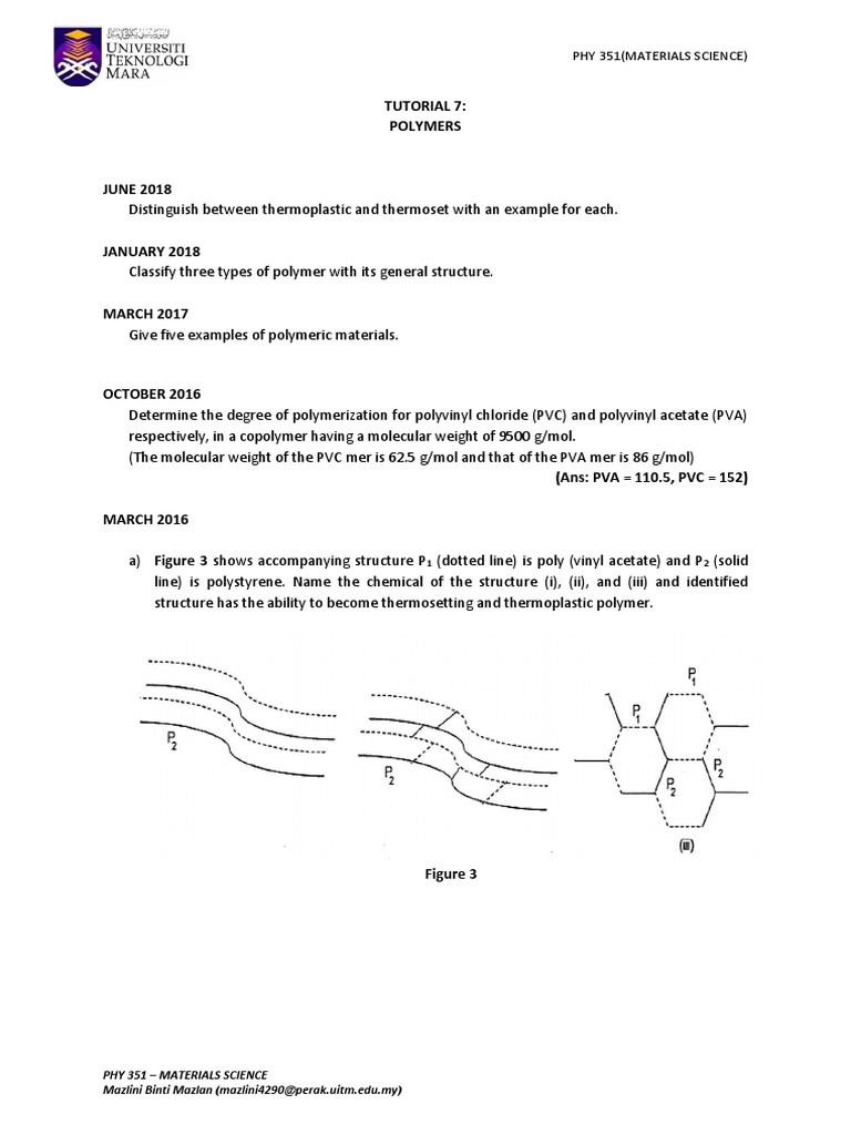 Tutorial 7: Polymers: Phy 351 (Materials Science) | PDF | Polymers | Thermoplastic