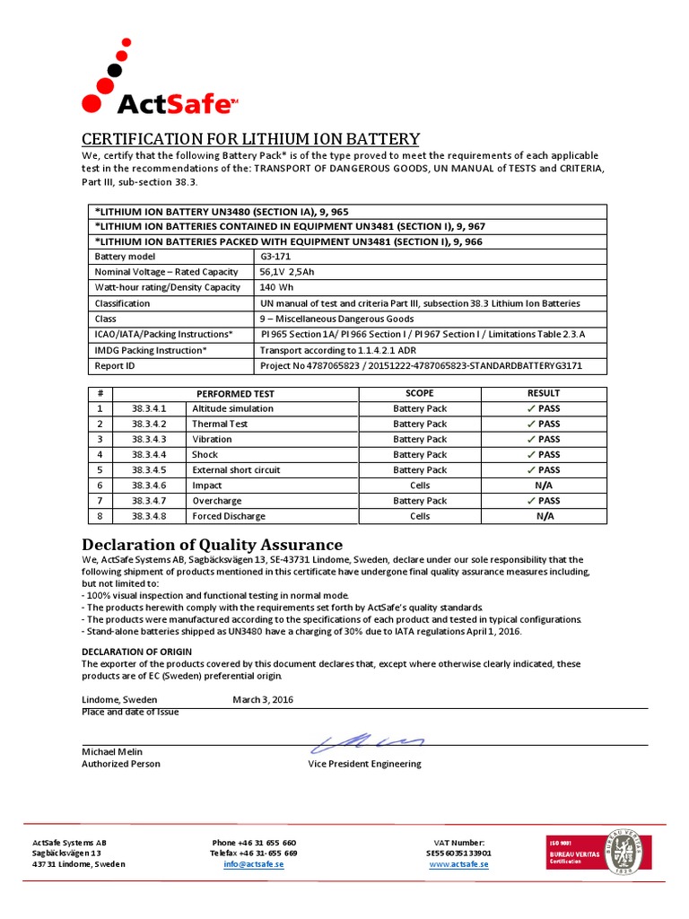 Transport Certificate ActSafe (ACX) 20180815 KAW | PDF | Lithium Ion ...