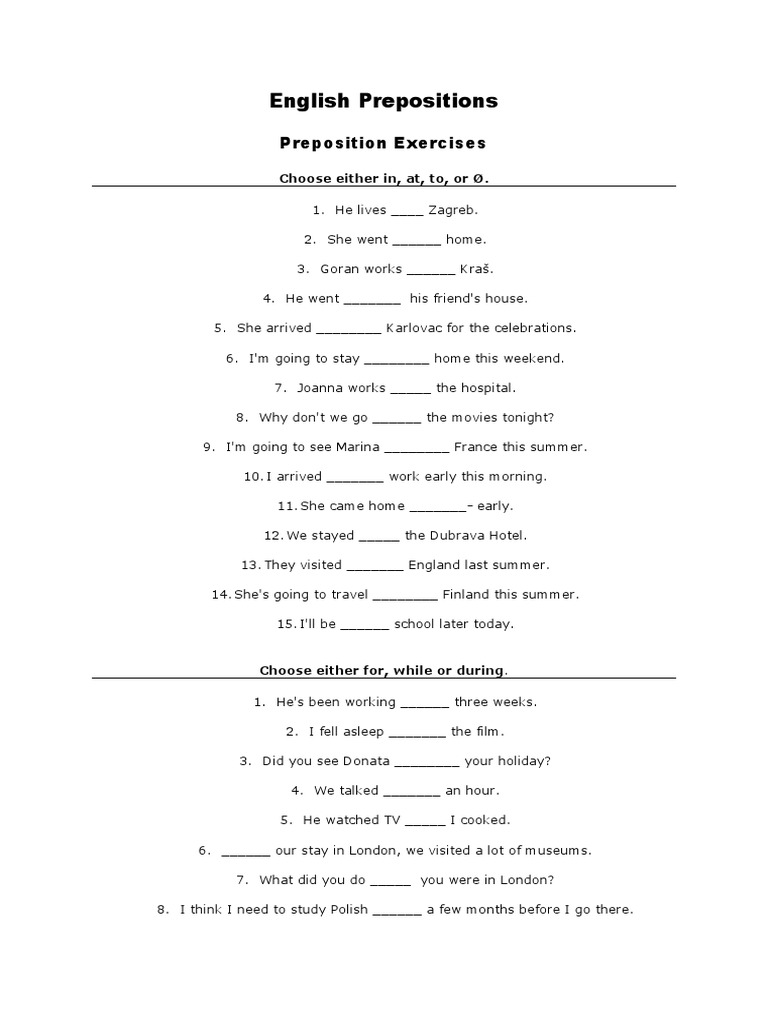 English Prepositions Exercises | PDF | Language Arts & Discipline