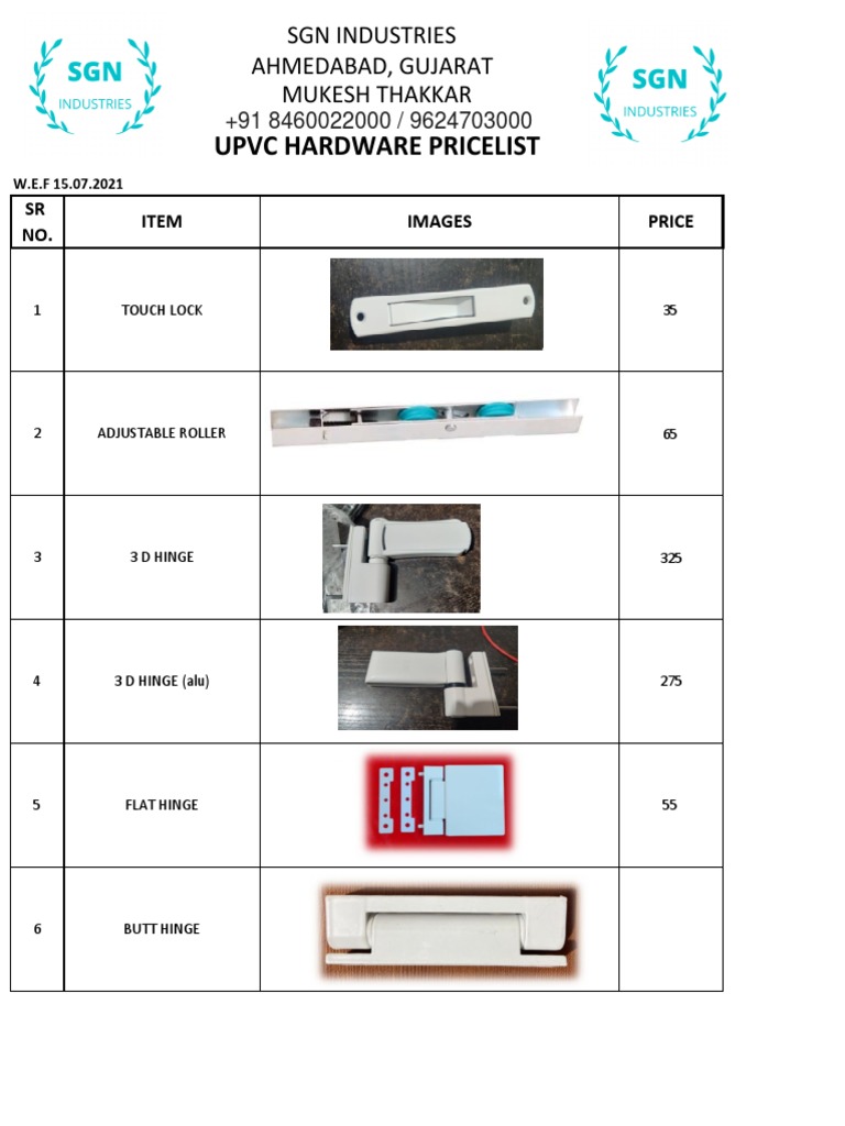 SGN Industries Upvc Hardware Price List | PDF | Door | Manufactured Goods