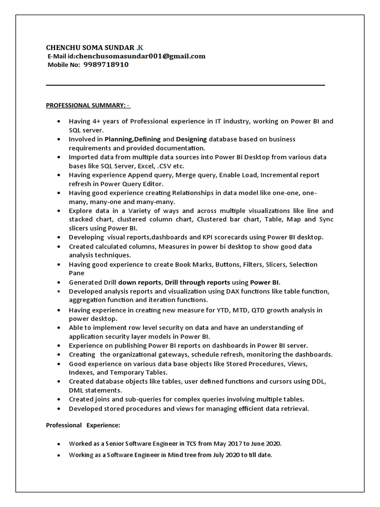 Somu Power BI Resume | PDF | Microsoft Sql Server | Databases