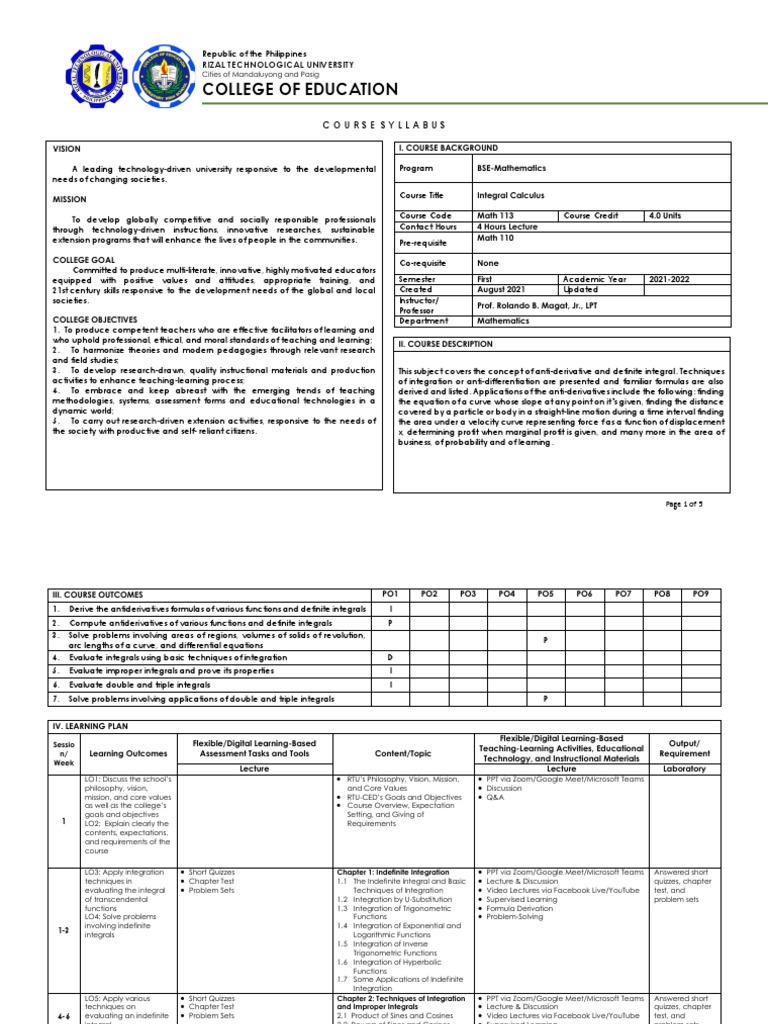 Course Syllabus - Math 113 - Integral Calculus | PDF | Trigonometric Functions | Integral