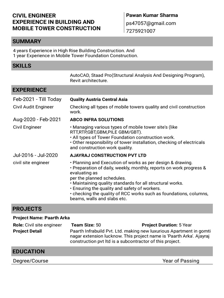 Resume - CIVIL ENGINEER - Format2 | PDF | Engineering | Economic Sectors