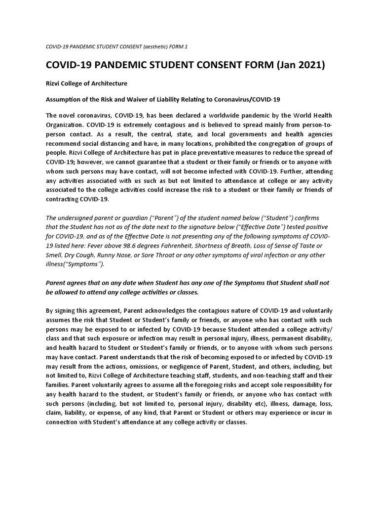 Covid-19 Pandemic Student Consent Form (Jan 2021) | PDF | Medicine ...