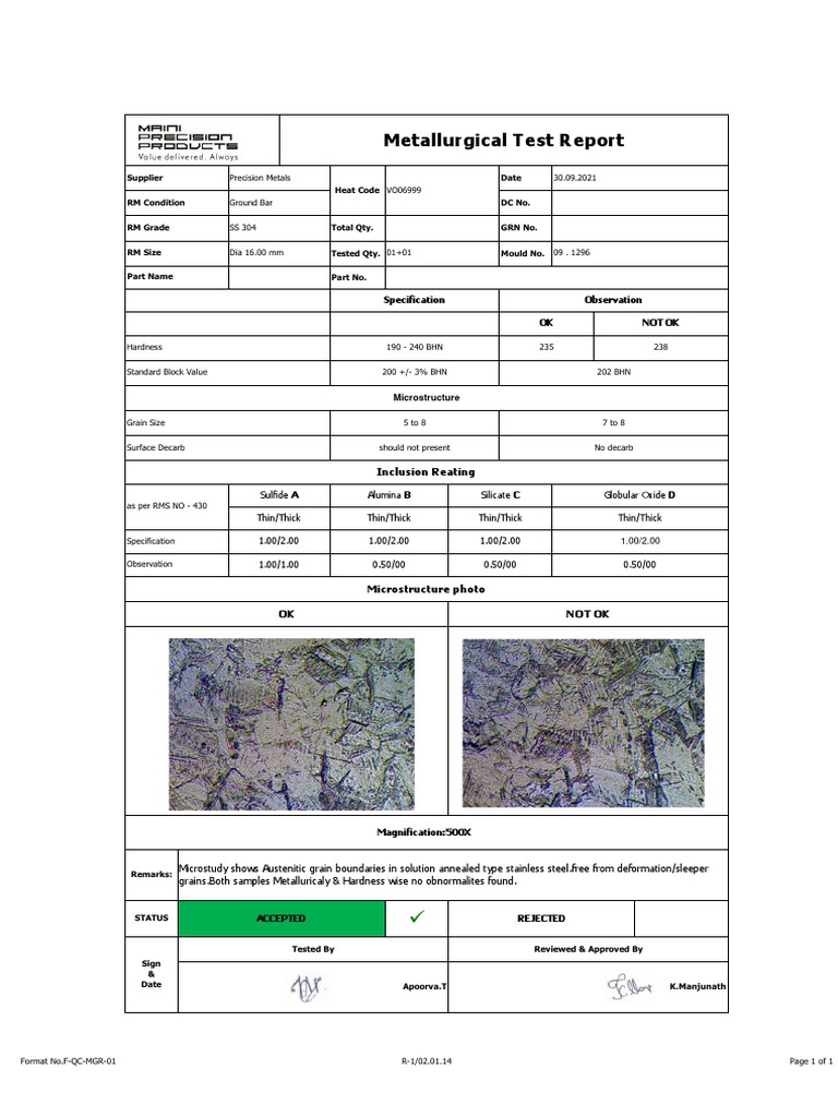 Metallurgical Test Report: Date Supplier Heat Code VO06999 RM Condition ...