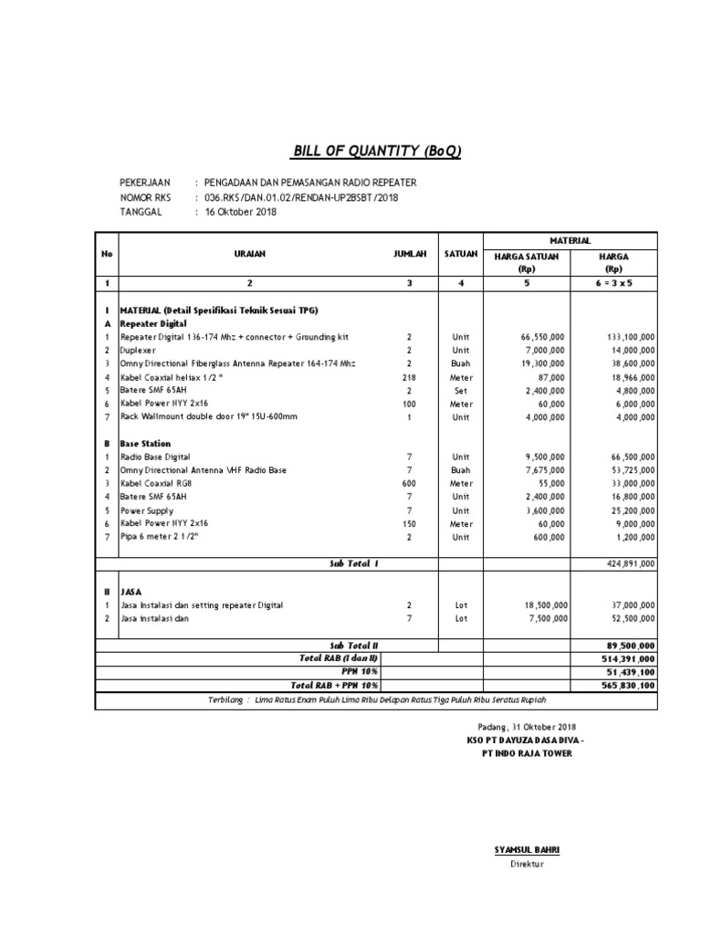 Bill of Quantity Pemasangan Repeater | PDF | Teknologi & Rekayasa