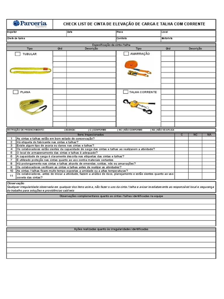 Check list de inspeção de cintas e talhas para elevação de carga | PDF