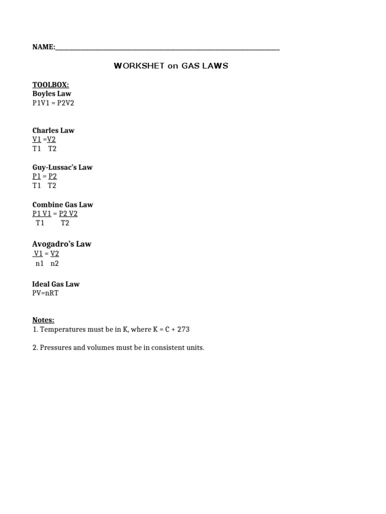 GAS Laws Worksheet | PDF