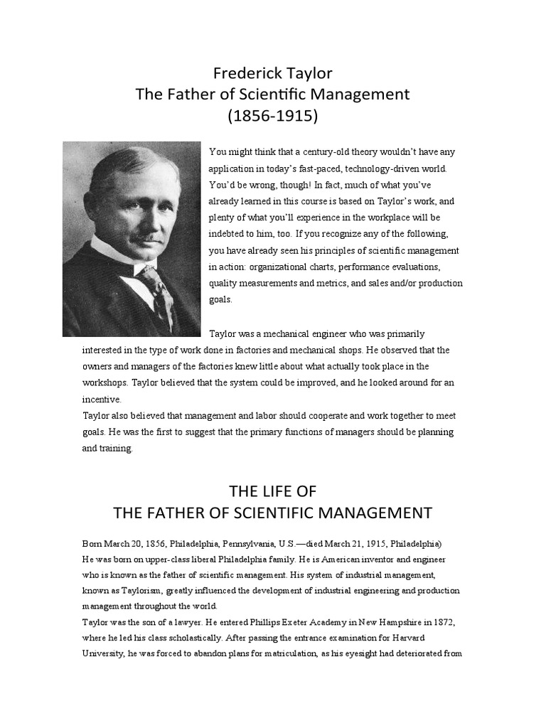 Frederick Taylor The Father of Scientific Management (1856-1915) | PDF ...