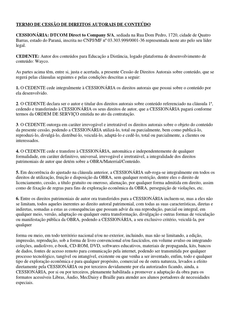 Termo De Cessão De Direitos Autorais De Conteúdo Dtcom Pdf