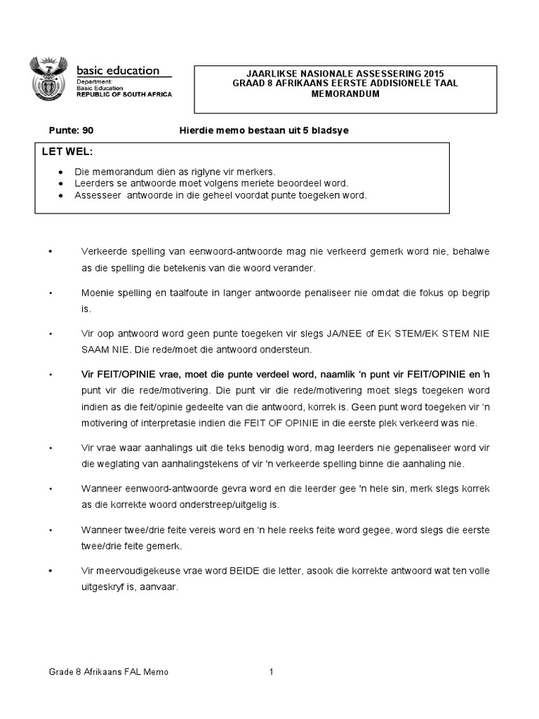 2015 Grade 8 Afrikaans FAL Memo | PDF