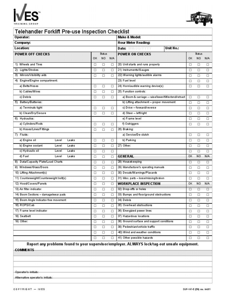 Telehandler Forklift Pre-Use Inspection Checklist | PDF | Forklift ...