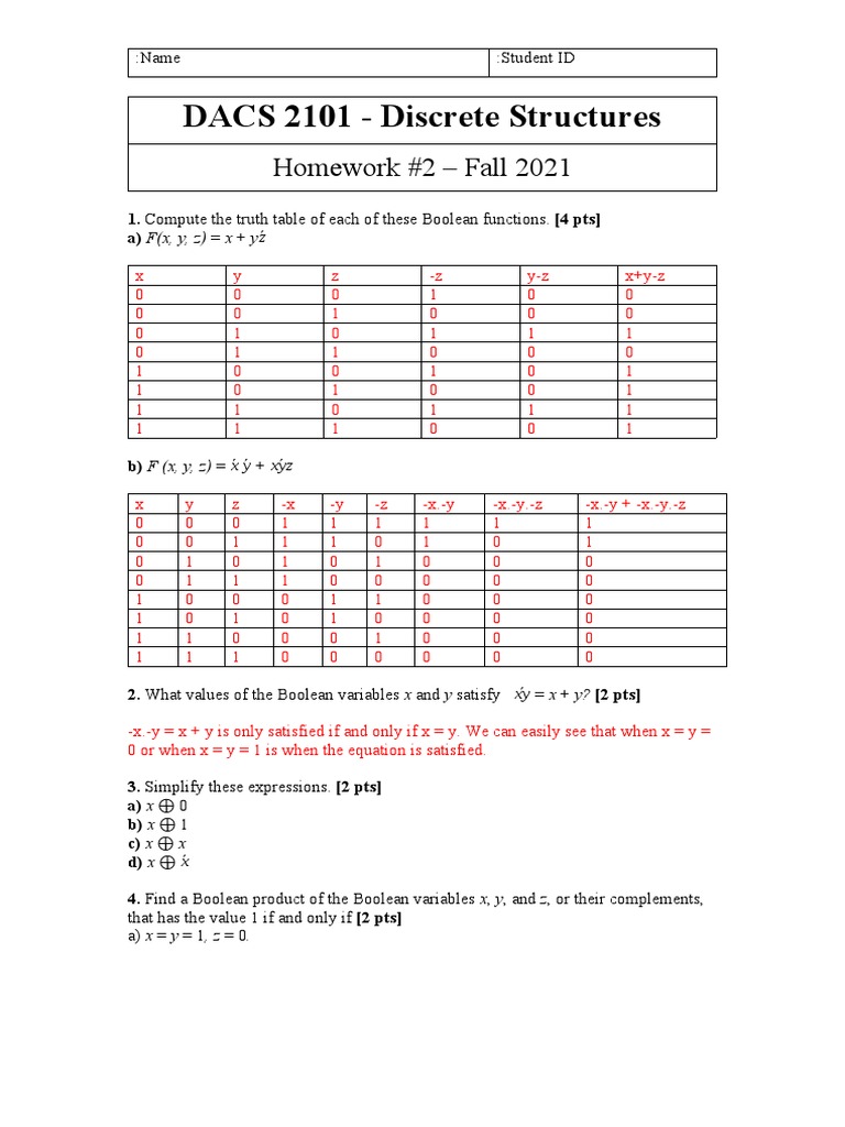 DACS 2101 - Discrete Structures: Homework #2 - Fall 2021 | PDF | Teaching Mathematics | Boolean ...