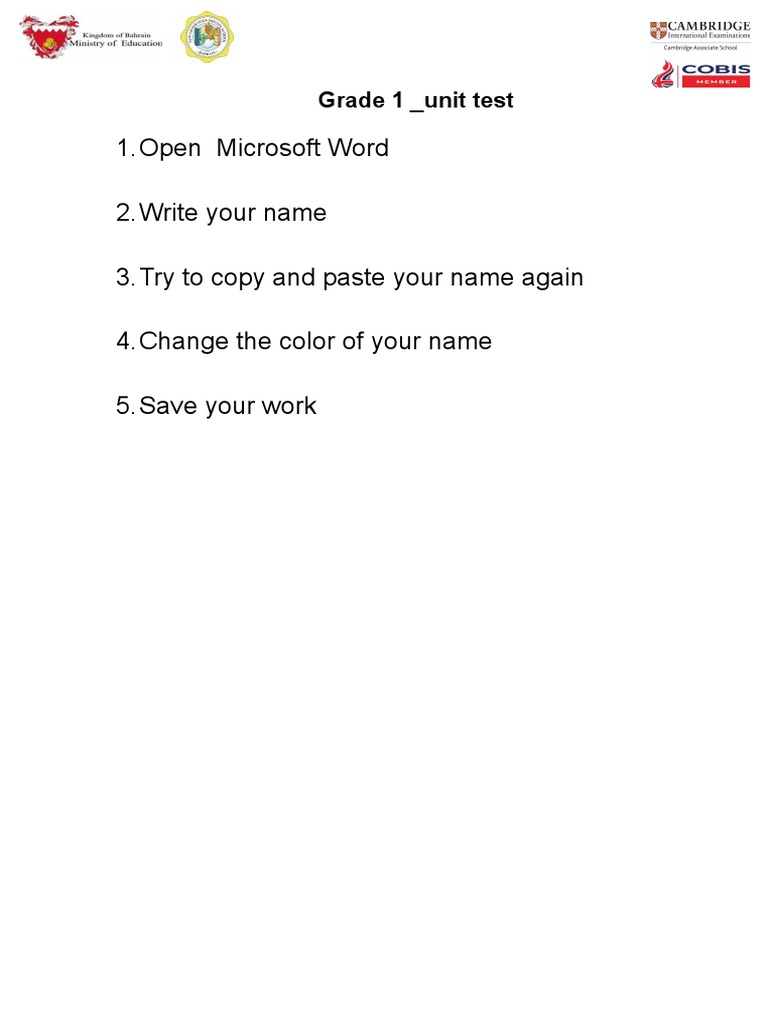 Grade 1 - Unit Test | PDF
