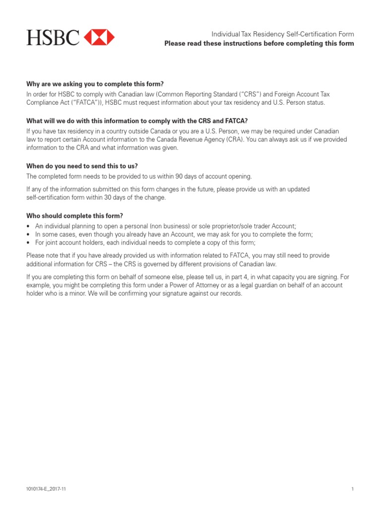 Individual Tax Residency Self Certification Form | PDF | Hsbc | Zip Code