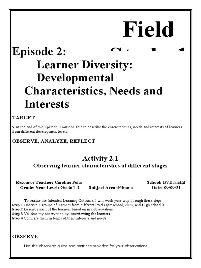 Episode 2: Learner Diversity: Developmental Characteristics, Needs and Interests | PDF ...