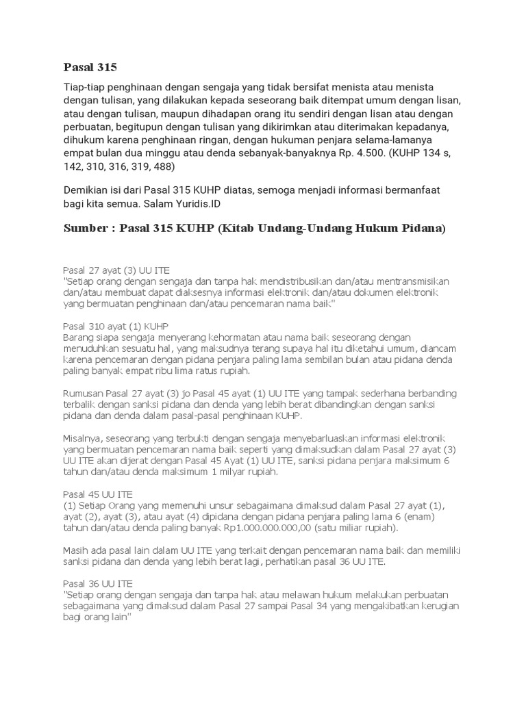 SANKSI PIDANA PENCEMARAN NAMA BAIK BERDASARKAN KUHP DAN UU ITE | PDF
