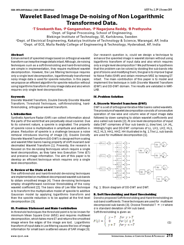 Wavelet Based Image De-Noising of Non Logarithmic Transformed Data | PDF | Wavelet | Signal To ...