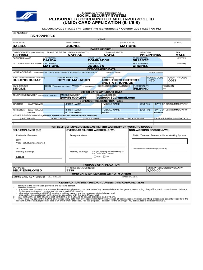 Personal Record/Unified Multi-Purpose Id (Umid) Card Application (E-1/E ...