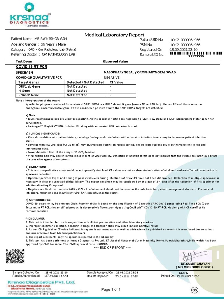 Medical Laboratory Report: Specimen Nasopharyngeal / Oropharyngeal Swab ...
