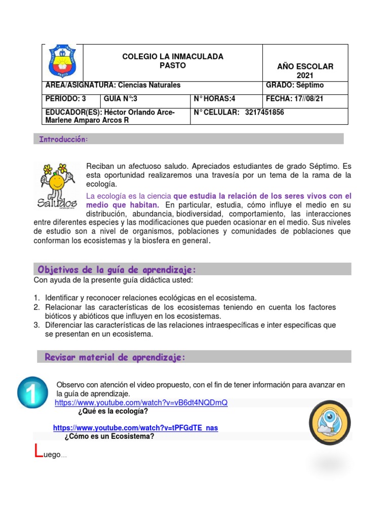 Guia de Aprendizaje 1 Ecologia | PDF | Ecología | Ecosistema