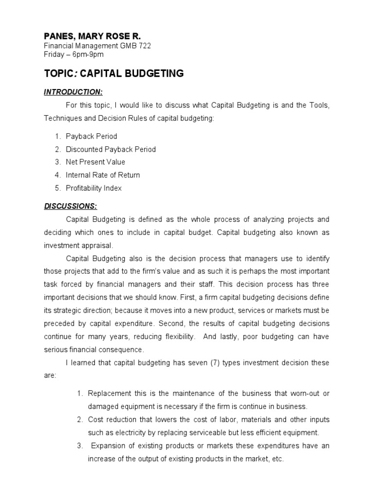 Reflection On Capital Budgeting FM 8.23.19 | PDF | Capital Budgeting ...