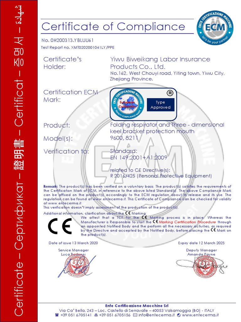 Certificate of Compliance: Certificate's Holder: Yiwu Biweikang Labor ...