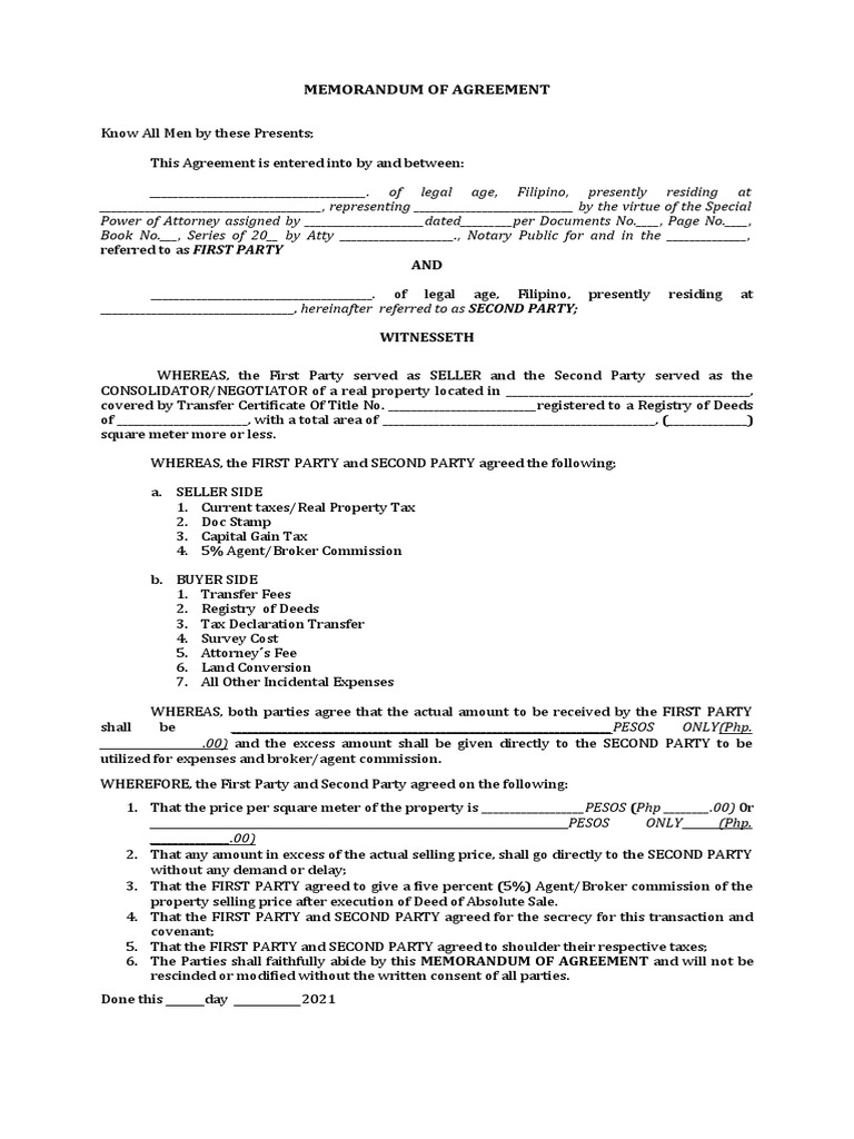 MEMORANDUM OF AGREEMENT Draft | PDF | Real Estate Broker | Common Law