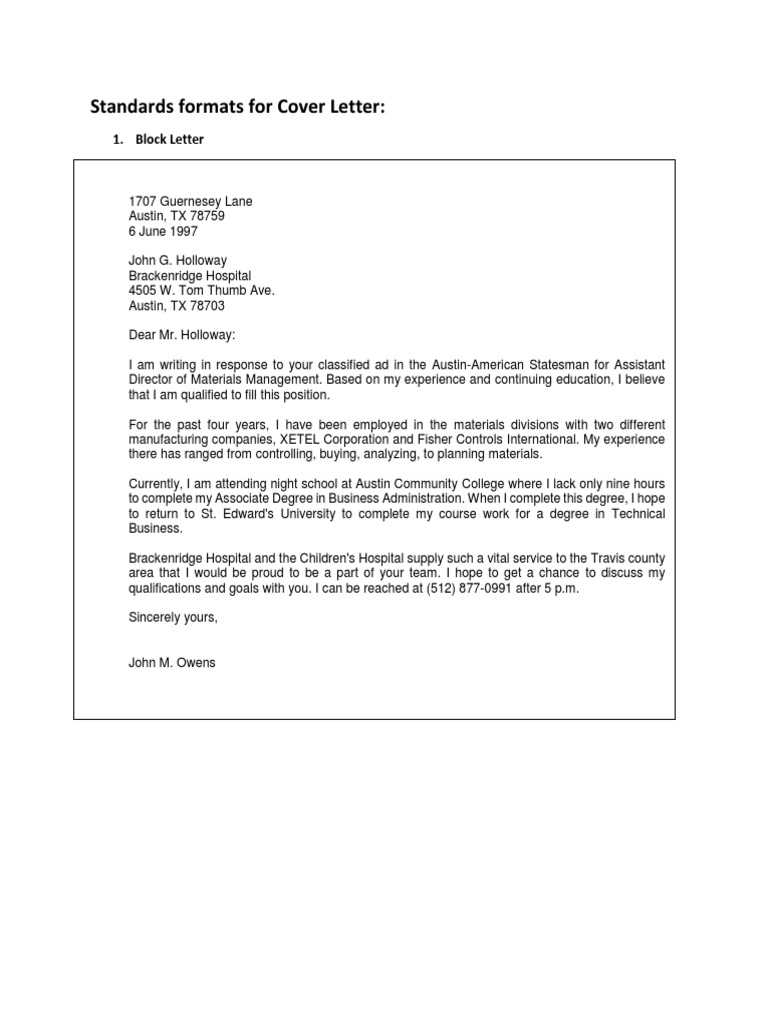 Formats For Cover Letter Block Semi Block | PDF