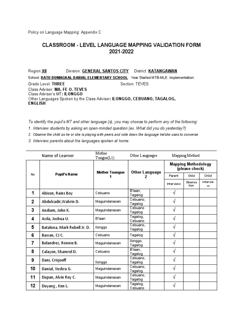 Classroom Level Language Mapping Teves | PDF | Language Arts ...