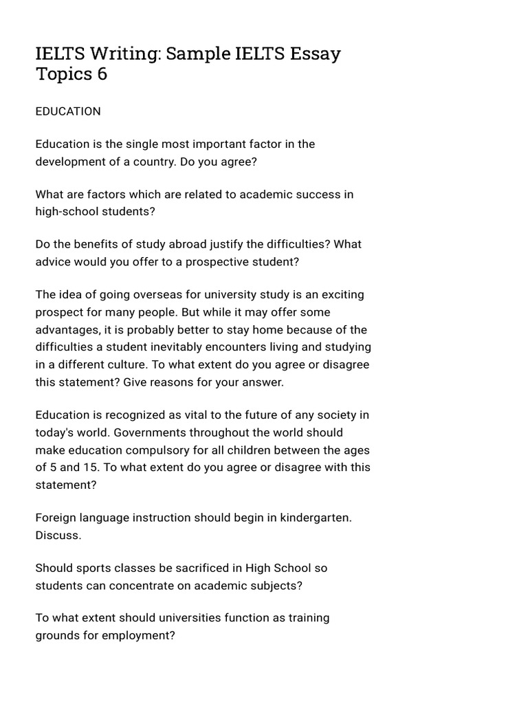 IELTS Writing - Sample IELTS Essay Topics 6 - Good Luck IELTS | PDF