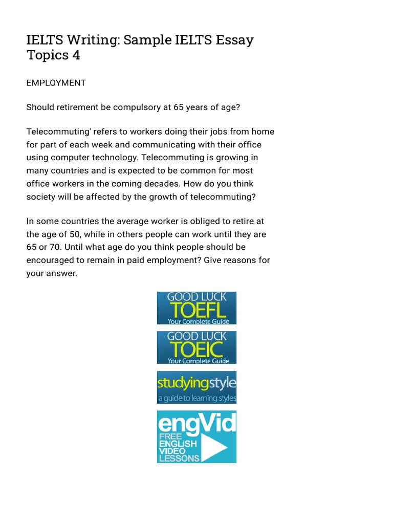 IELTS Writing - Sample IELTS Essay Topics 4 - Good Luck IELTS | PDF