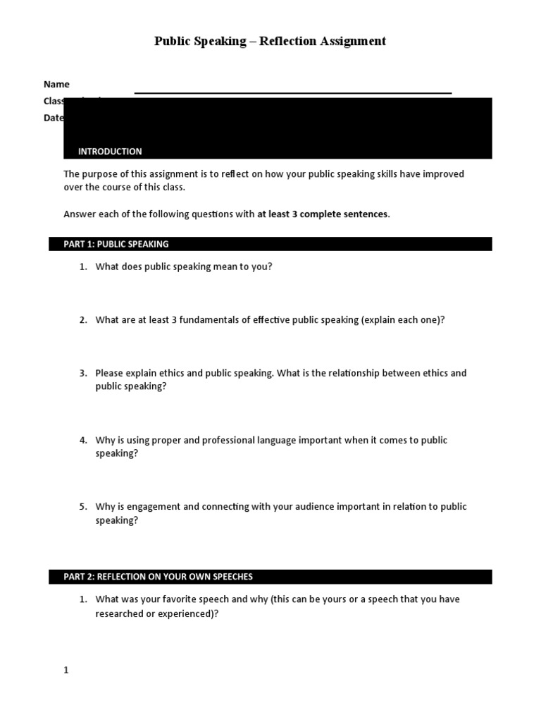 Reflection Assignment Guidelines - Public Speaking v1 | PDF