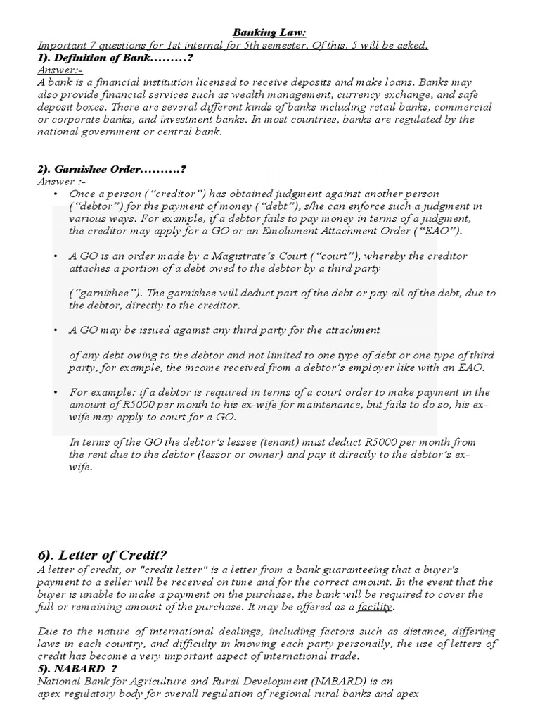 Banking Law: Key Questions for Students | PDF | Banks | Negotiable ...