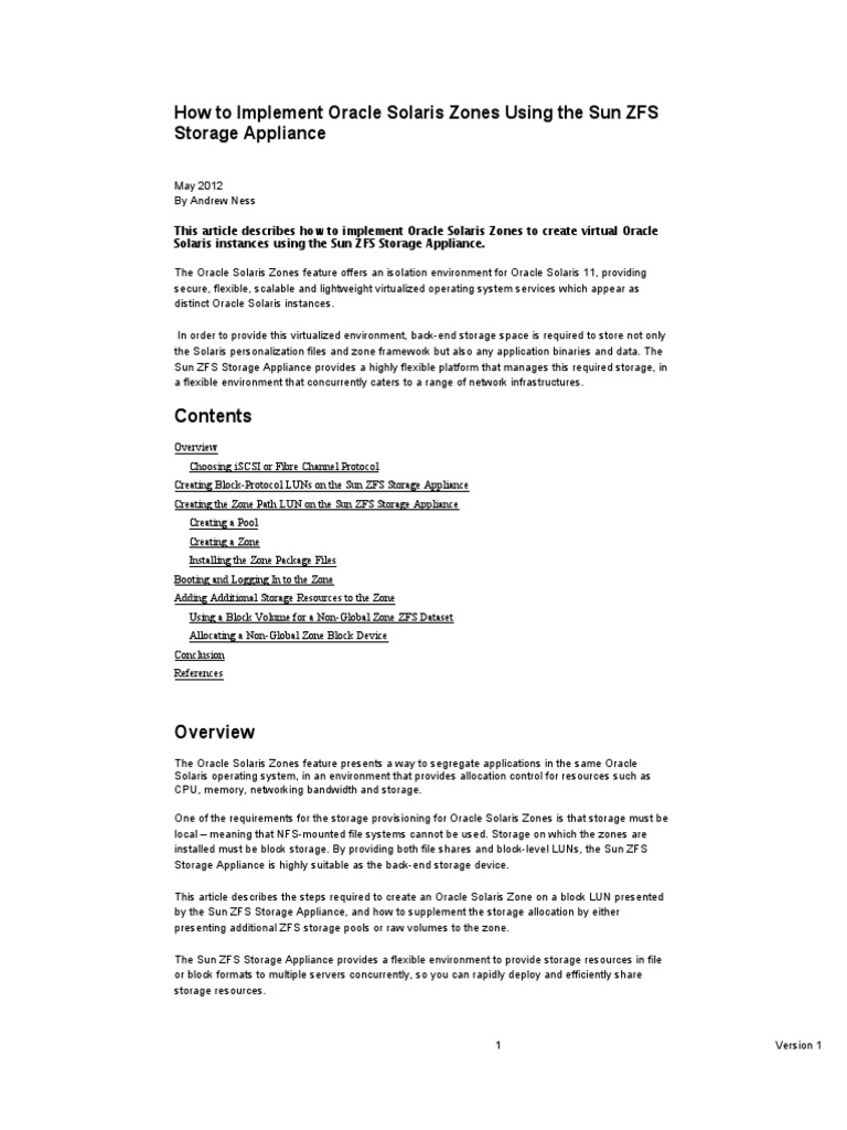 Implement Oracle Solaris Zones with Sun ZFS | PDF | Computer Network ...