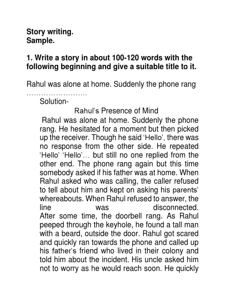 Story Writing. Sample. 1. Write A Story in About 100-120 Words With The ...