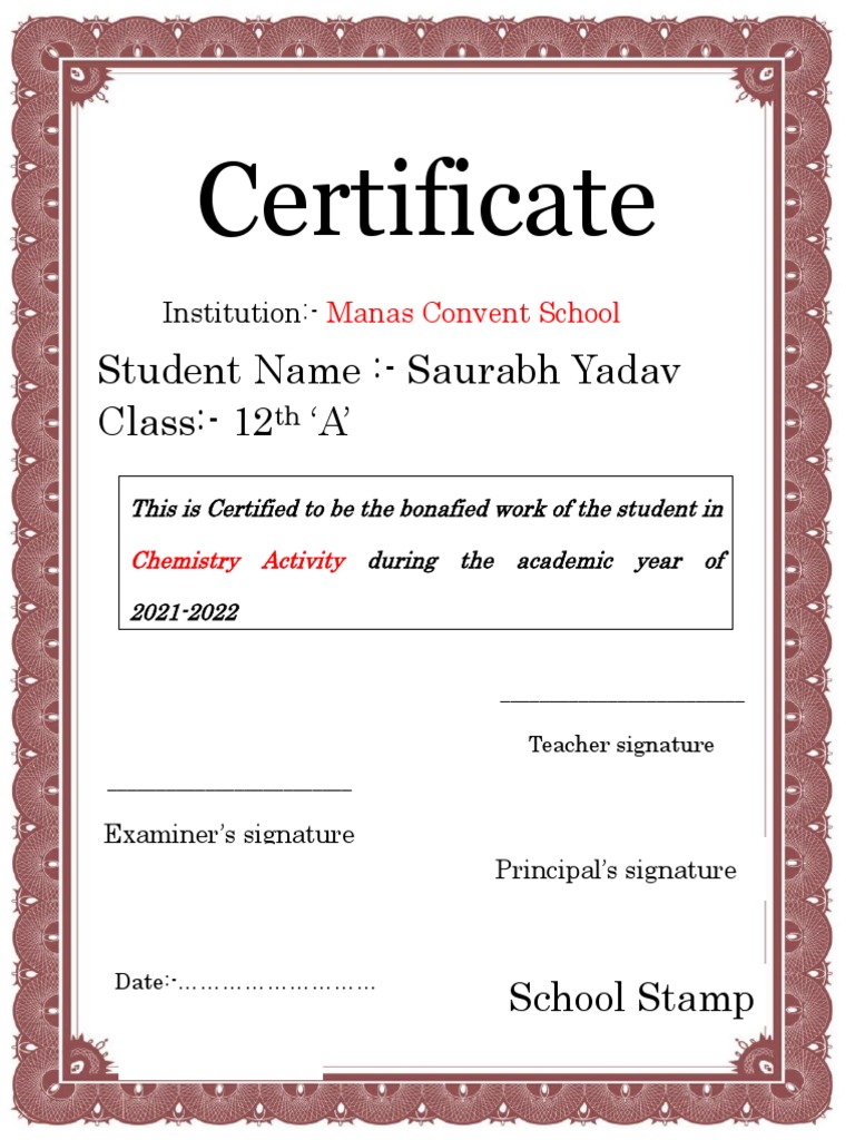 Certificate: Student Name:-Saurabh Yadav Class: - 12 A' | PDF