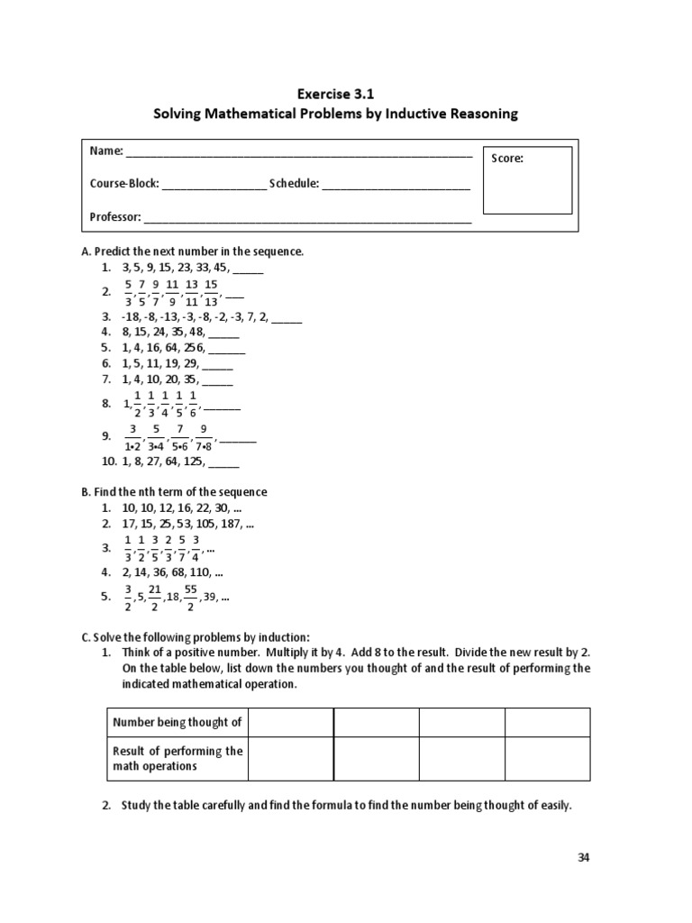 Exercise 3.1 Solving Mathematical Problems by Inductive Reasoning | PDF ...