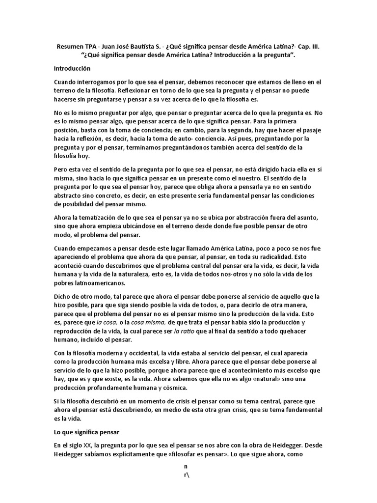 06 - Resumen TPA - Bautista S - Qué Significa Pensar Desde América ...