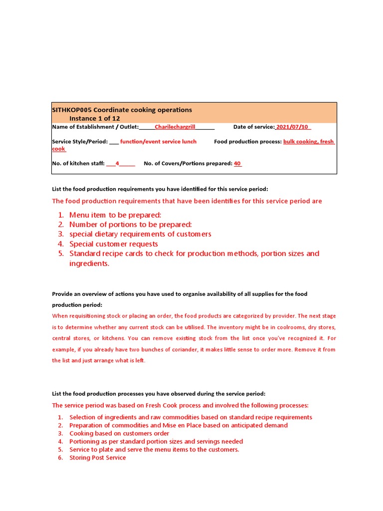 Coordinating Cooking Operations at Charliechargrill | PDF | Foods | Baking