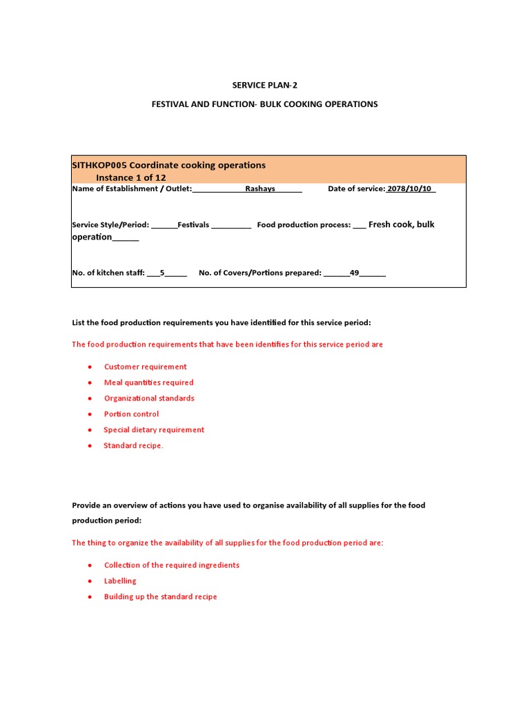 SITHKOP005 Coordinate Cooking Operations Instance 1 of 12: Service Plan ...
